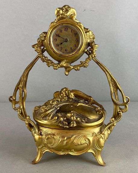 Lux Clock Mfg. Co. Brass Trinket Box Clock - Matthew Bullock Auctioneers
