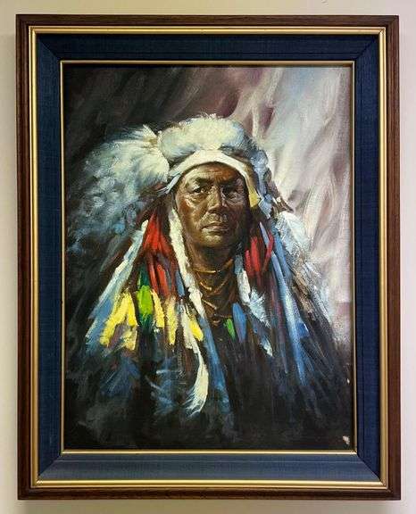 Native American Chief Oil on Canvas Painting Signed by Artist - Matthew ...