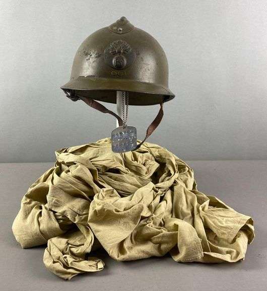 Group of 3 WW2 French Combat Helmet with Dog Tag and Scarf - Matthew ...
