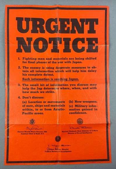 1945 WW2 FBI Urgent Notice Informational Poster - Matthew Bullock ...