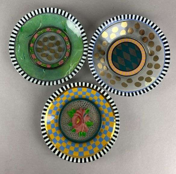 Group of 3 Mackenzie Childs Hand Painted Glass Plates - Matthew Bullock ...