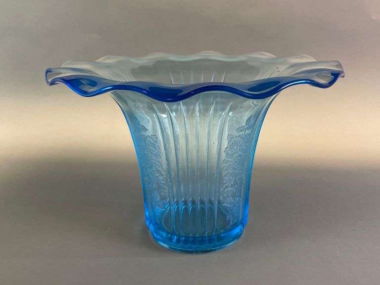 Mayfair Open Rose Blue Depression Glass Vase - Matthew Bullock Auctioneers
