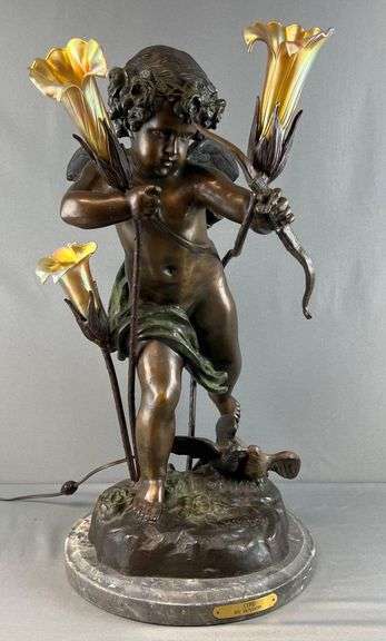 Antique Bronze Cupid Lamp by Houdon with Iridescent Gold Glass Shades ...
