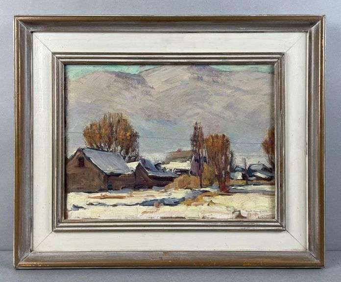 Russell Cheney Artist Signed Barns and Mountain Scene Oil Painting on ...