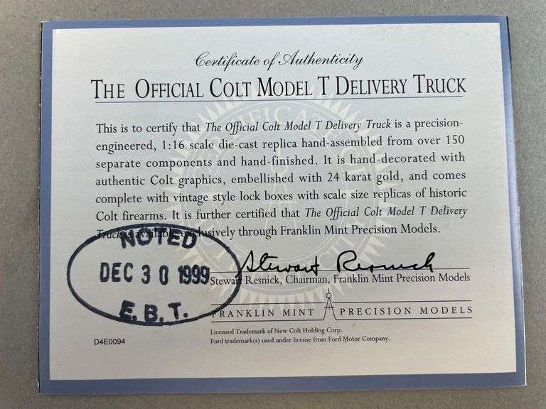 Franklin Mint 1913 Ford Model T Colt Firearms Delivery Truck - Matthew ...