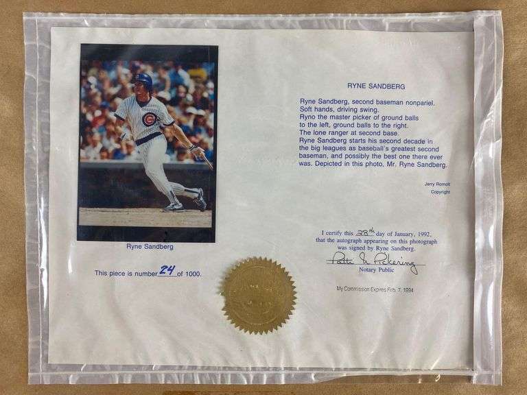 Ryan Sandberg Signed Photo 24 / 1000 with COA - Matthew Bullock Auctioneers