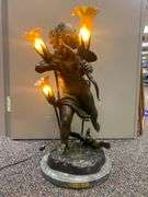 Antique Bronze Cupid Lamp by Houdon with Iridescent Gold Glass Shades ...