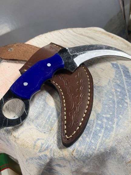 Nice steel blue handle curved blade knife w/sheath - McNatt Real Estate