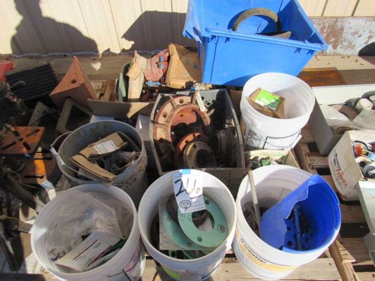 PALETTE OF BOLT STOCK, BUCKETS OF NEW BOLTS AND LARGE WATER VALVES ...