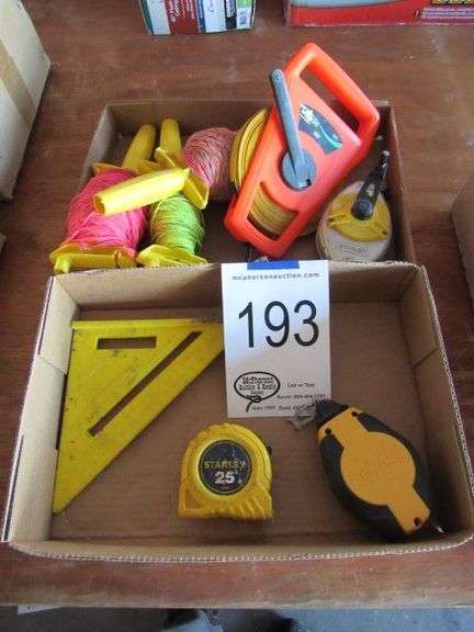 2 BOXES OF TAPE MEASURES STRING AND CLOTH TAPE - McPherson Auction & Realty