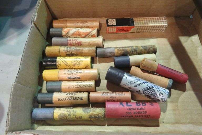 BOX OF ANTIQUE SHOTGUN SHELLS, BOX WITH READY TO SHOOT SHELLS AND ...