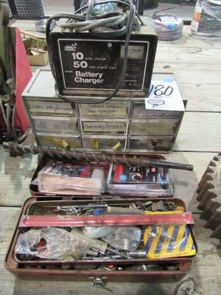 TOOLBOX WITH ASSORTED REPAIR ITEMS, ORGANIZER WITH HARDWARE, OLDER ...