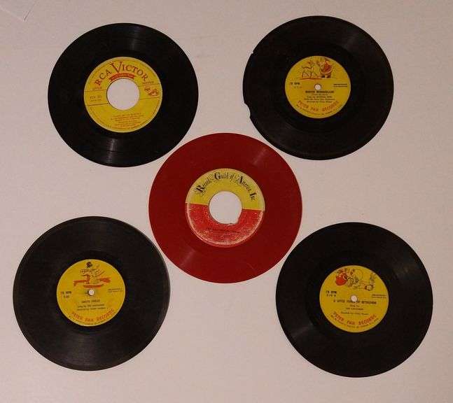 NINE VINTAGE (1950S) 45 RPM RECORDS. WELL WORN AND DAMAGED, BUT LABELS ...