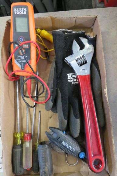 BOX OF KLIEN TOOLS & PAIR OF GLOVES - McPherson Auction & Realty