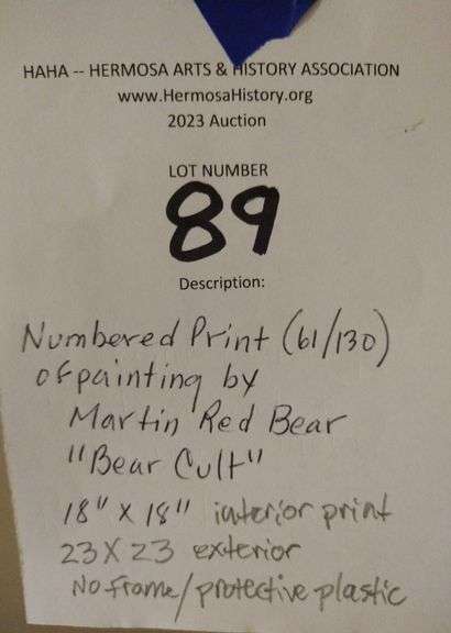 LOT 89--Numbered Print 61/130 of painting by Martin Red Bear "Bear Cult ...