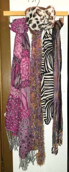 LOT 86--Assorted Scarves, Leopard ear muffs - McPherson Auction & Realty