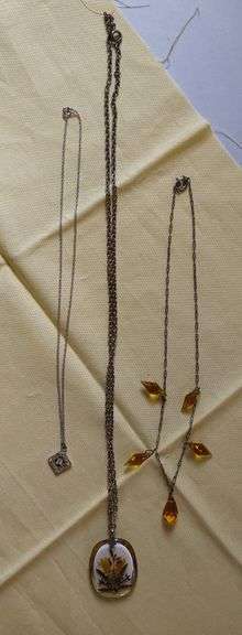 LOT 229--3 necklaces-pressed Alpine flower, faceted glass bead, silver ...