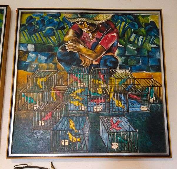 LOT 10 -- Framed painting by Filipino artist Boy Dizon. Man with caged ...