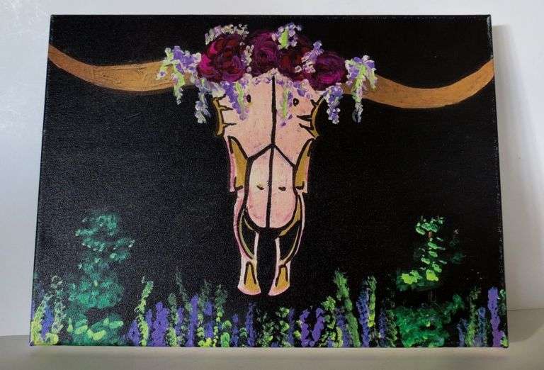 LOT 195--Colorful cow skull canvas picture - McPherson Auction & Realty