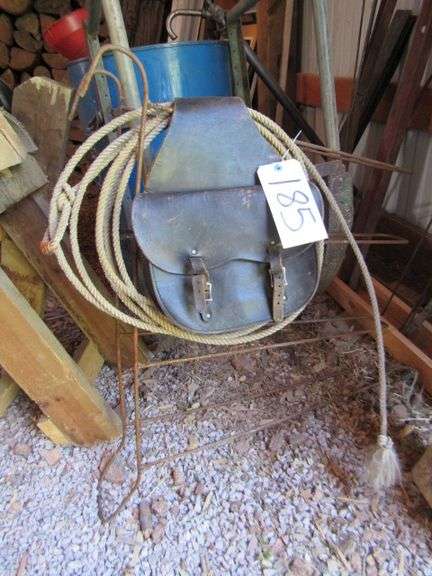 SET OF LEATHER SADDLE BAGS, HANGING SADDLE BLANKET RACK, AND LARIAT ...