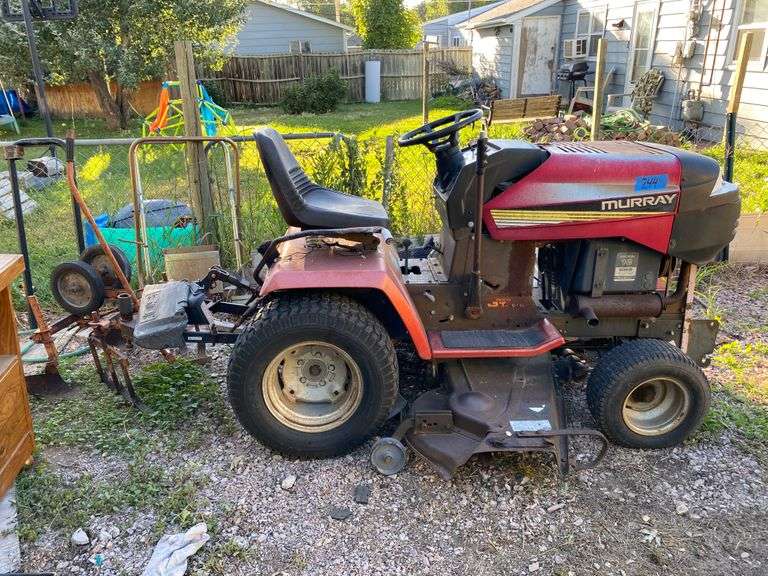 MURRAY RIDING MOWER W/CULTIVATOR AND ASSTD. ATTACHMENTS RUNNING COND ...