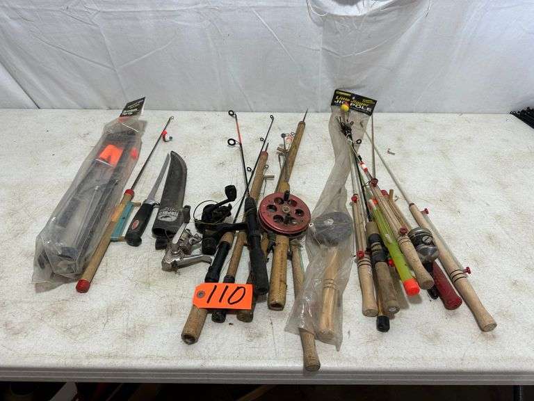 Assortment of Ice Fishing Rods, Tip-Up, Fillet Knife - Meagher Auctioneers