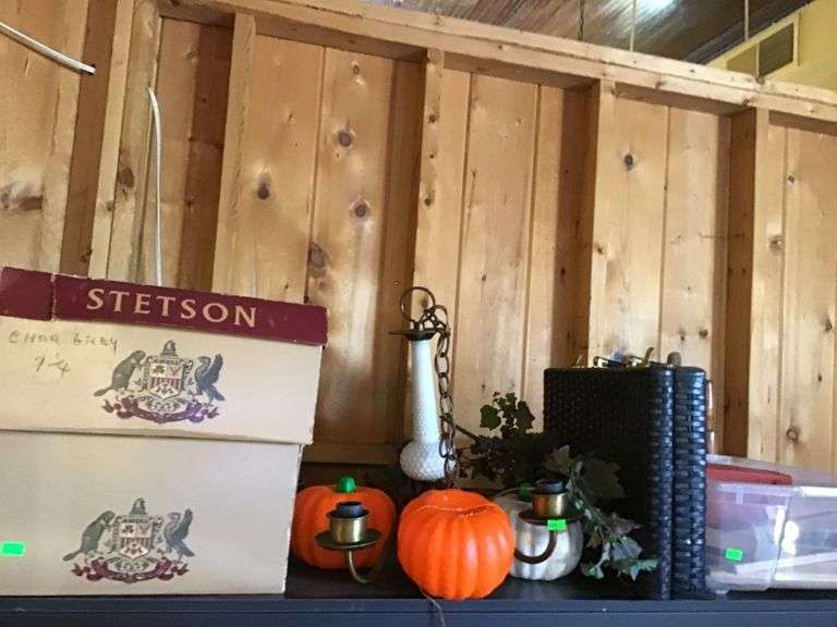 Empty Stetson hat boxes, light fixture, Halloween miscellaneous ...