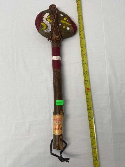 Painted, Stone Axe Tool, Wooden Handle marked Made by the Cherokees ...