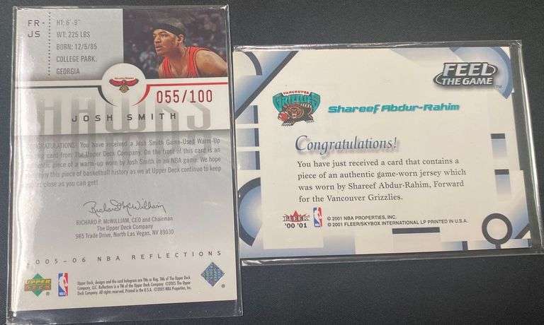 1 Josh Smith fabric reflection card & 1 Shareef Abdur-Rahim game-worn ...