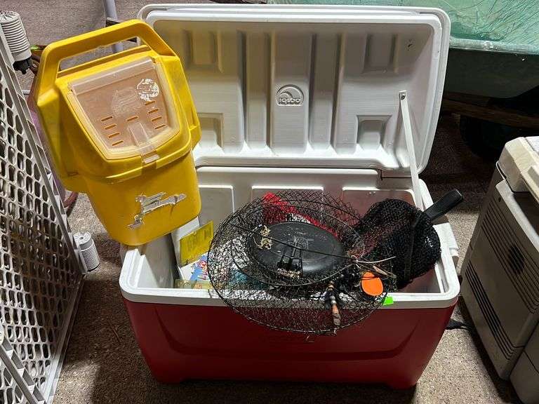Igloo Cooler with contents, including- Plano bait bucket, live bait net ...