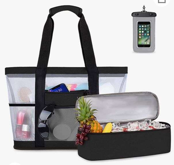 Large Mesh Beach Tote Bag - Beach Bags with Insulated Cooler Zippered ...