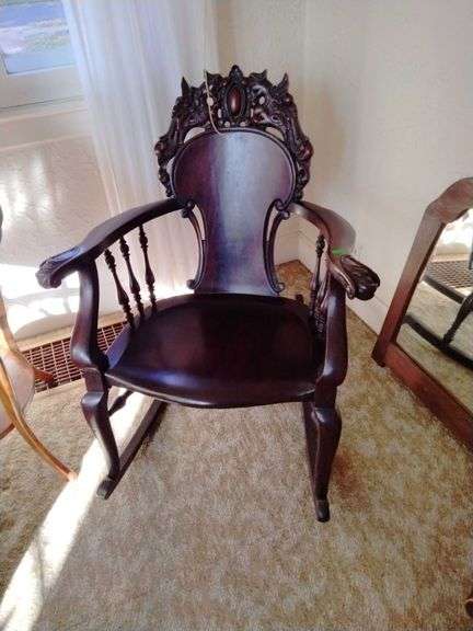 Ornate, Carved Mahogany Wood Rocker - Metzger Property Services LLC
