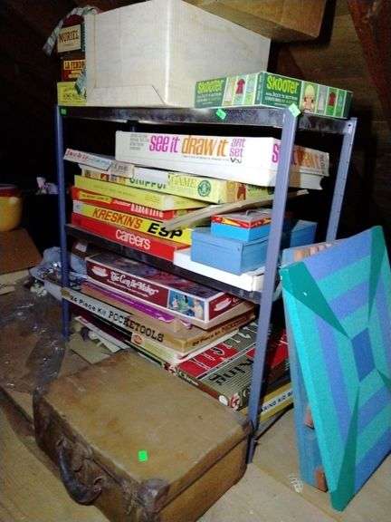 Metal shelf 31x12x30, games, Skipper & Ken empty boxes, miscellaneous ...