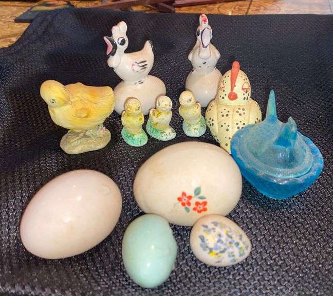 Blue glass hen on a nest, Ceramic assorted chickens, salt & pepper ...