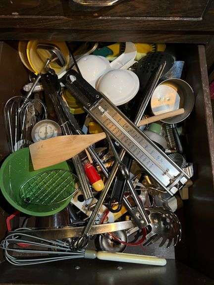 Contents of (2) drawers including: Thermometers, Funnels, whisk ...