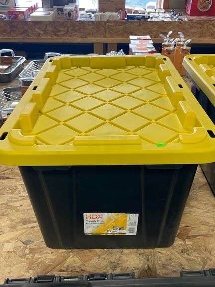 HDX 27 gal. Strong Box Plastic Storage Tote in Black and Yellow ...