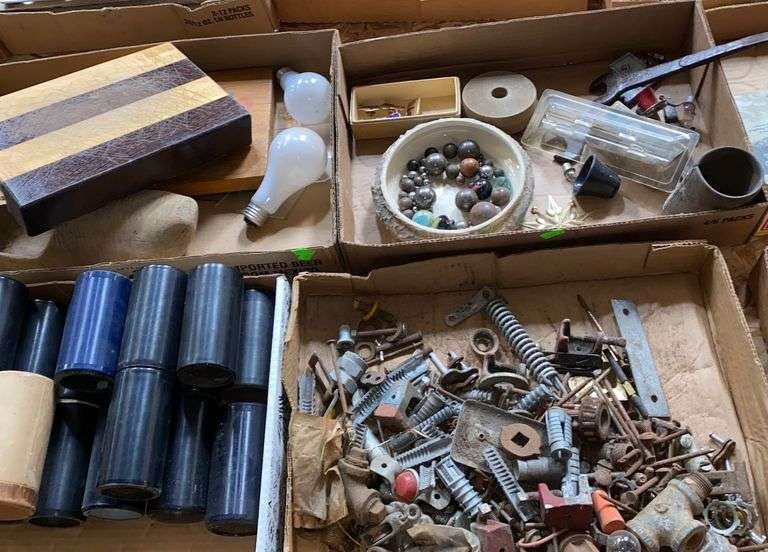 Miscellaneous hardware, marbles, wooden shoe and cutting boards ...