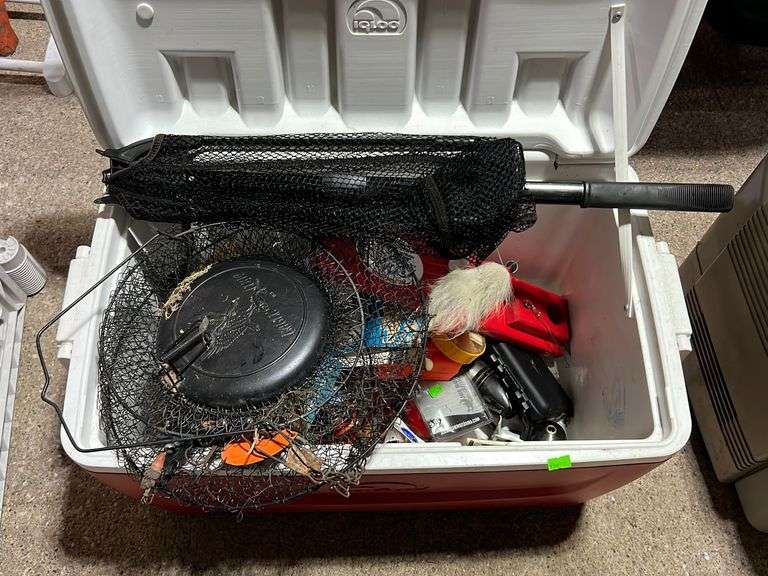 Igloo Cooler with contents, including- Plano bait bucket, live bait net ...