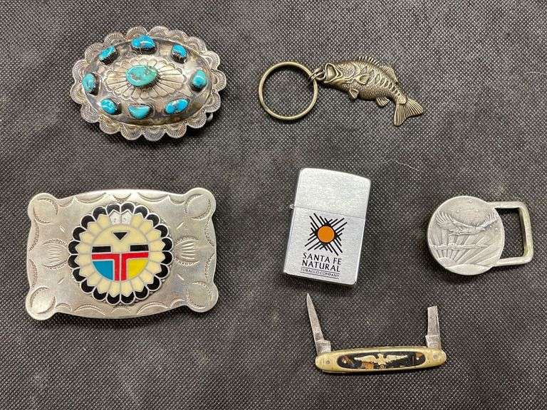 Assortment of Western Items: belt buckles, knife, keychain, lighter ...
