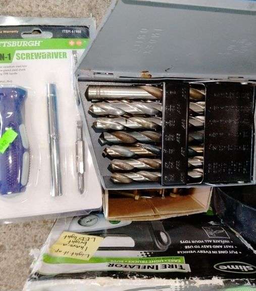 Shop light, welding helmet, tire inflator, drill index, bolts ...