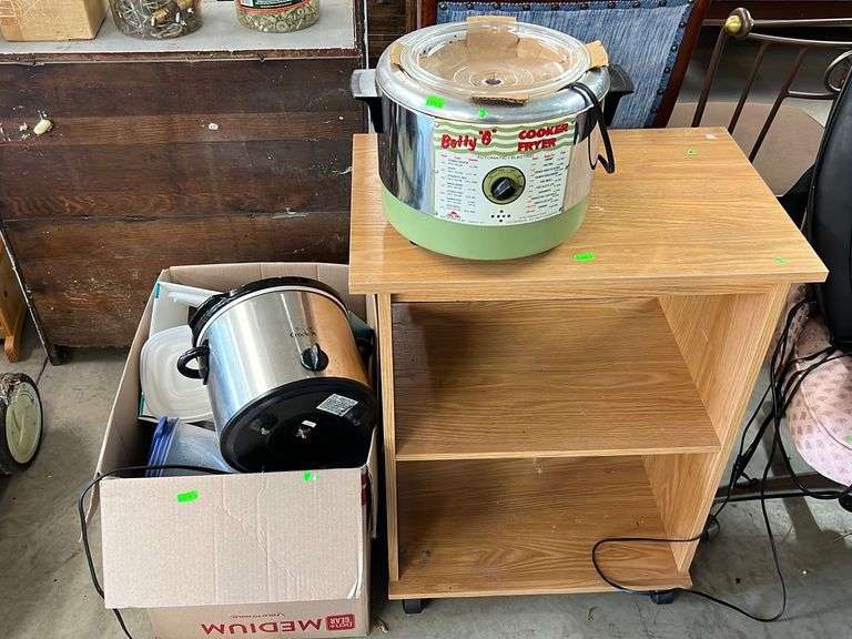 Roller Cart 23.5”x29”x15.5”, Betty “G” Cooker/Fryer, Rival Crock Pot ...