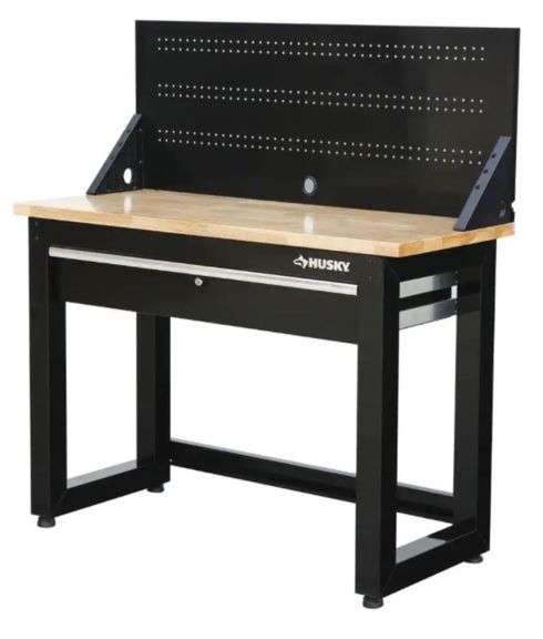 Husky 4 ft. Solid Wood Top Workbench in Black with Pegboard and 1 ...