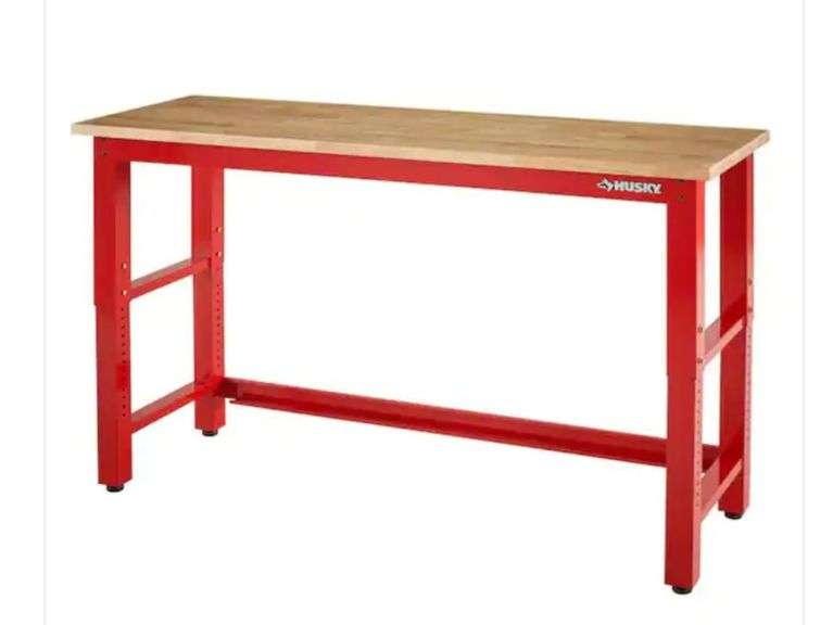 Husky 6 ft. Adjustable Height Solid Wood Top Workbench in Red for Ready ...