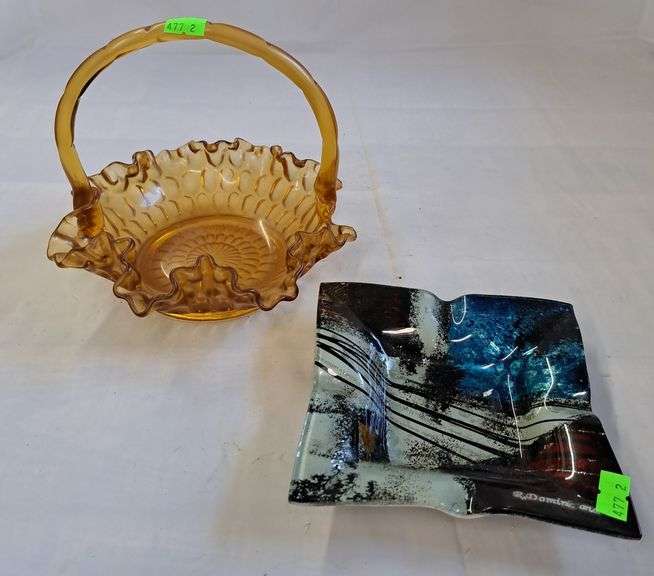 Ashtray, Fenton amber thumbprint basket - handle has a repair - Metzger ...