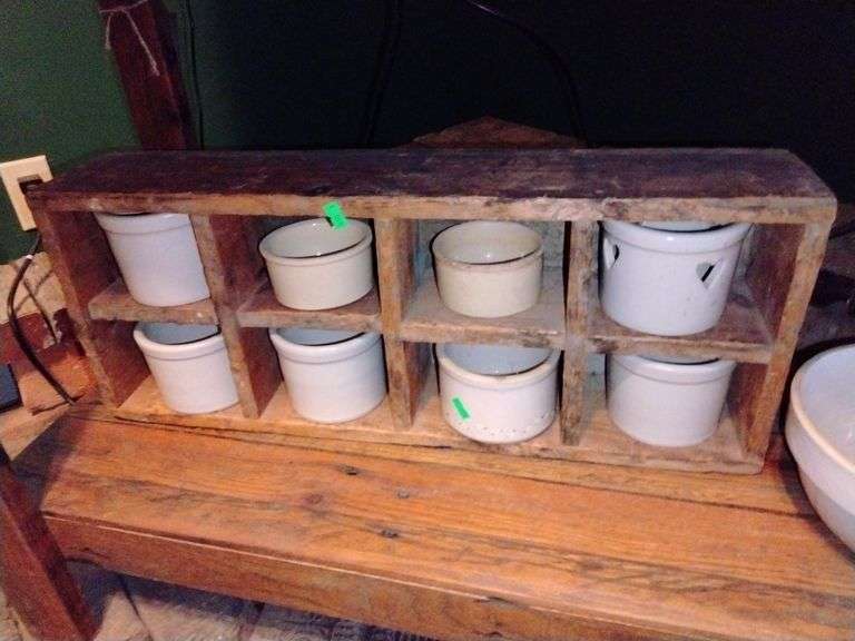 Wood divided box 26x5x10 with Roseville crocks 1pint and smaller ...