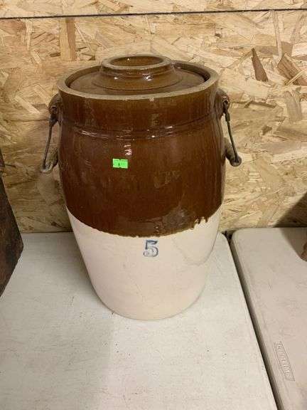 No.5 Brown And Tan Butter Churn Crock With Handles - Metzger Property ...