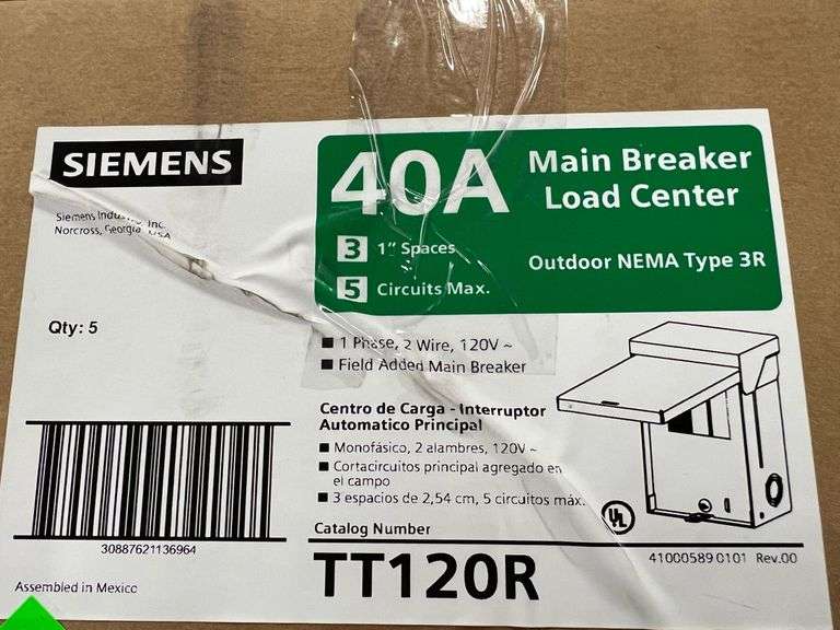 5 pc 40 Amp Main Breaker Load Center - 1 phase, 2 wire, 120V outdoor ...