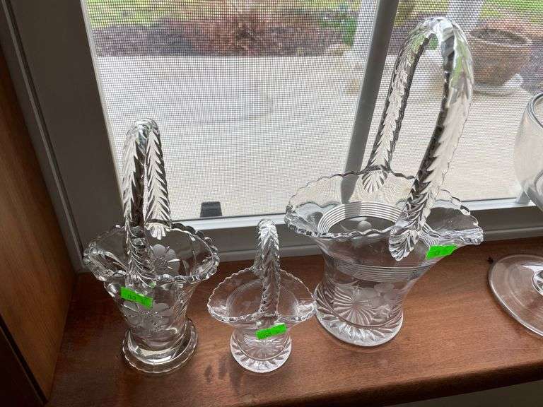 (3) Etched Glass Baskets w/handles - Metzger Property Services LLC