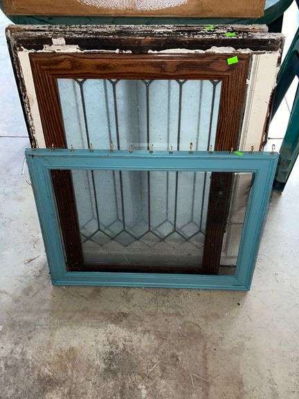 (2) Inlay windows, glass front doir and decorative screen frame with ...