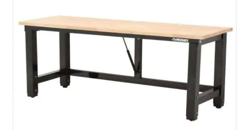 Husky 6 ft. Folding Adjustable Height Solid Wood Top Workbench in Black ...